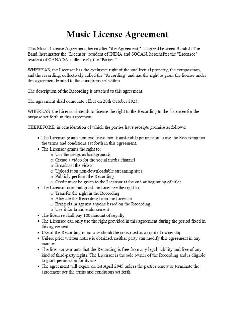 Music License Agreement (Signed) | PDF | License | Monopoly (Economics)