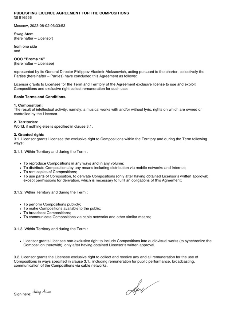 Publishing Licence Agreement For The Compositions | PDF | License | Taxes