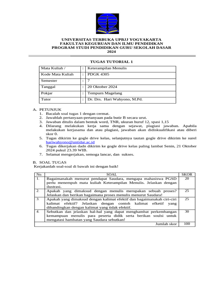 Soal Tugas 1 Keterampilan Menulis Hari Wahyono | PDF