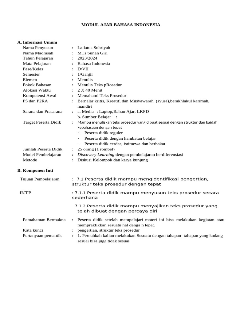 MODUL AJAR BIN Teks Prosedur | PDF