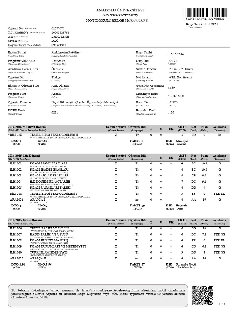 Yuksekogretim Kurulu Transkript Belgesi Sorgulama | PDF