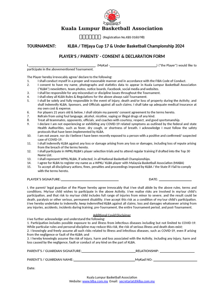 Player and Parent Consent Form | PDF | Law | Lifestyle