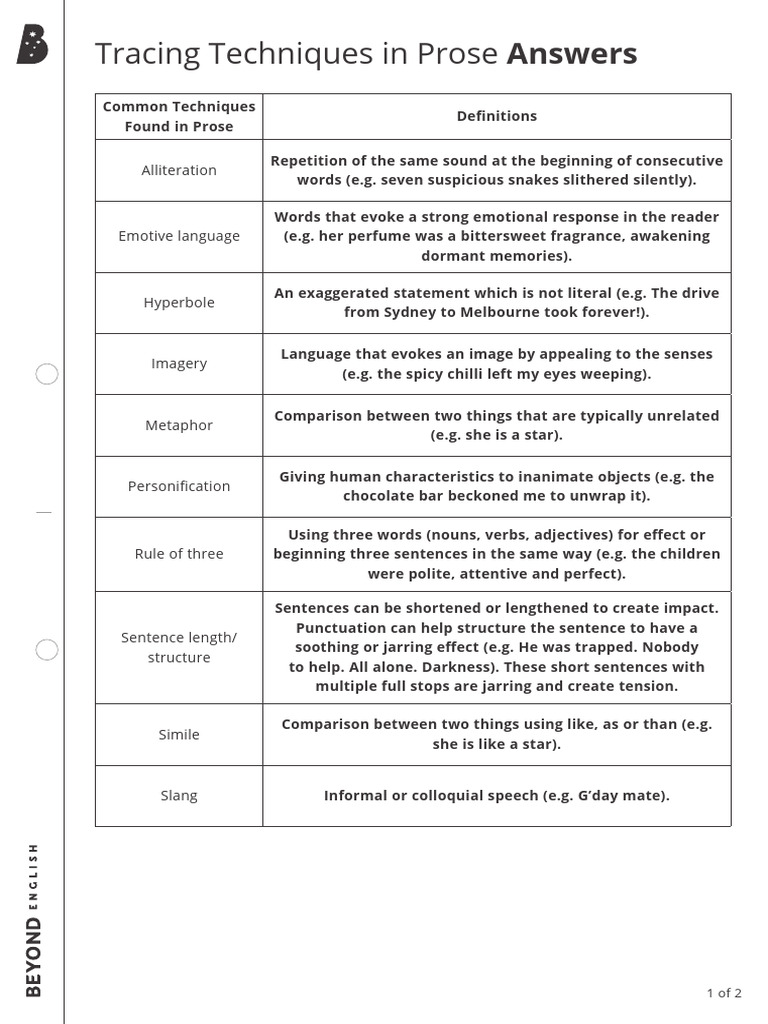 Tracing Techniques in Prose Worksheet - Answers | PDF | Sentence ...