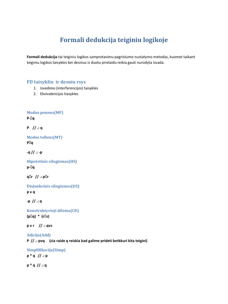 Formali Dedukcija Teiginiu Logikoje | PDF