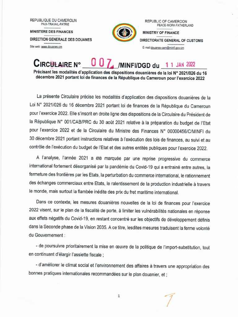 CIRCULAIRE #007 MINFI DGD DU 11 JANVIER 2022 Précisant Les Modalités D'application Des ...