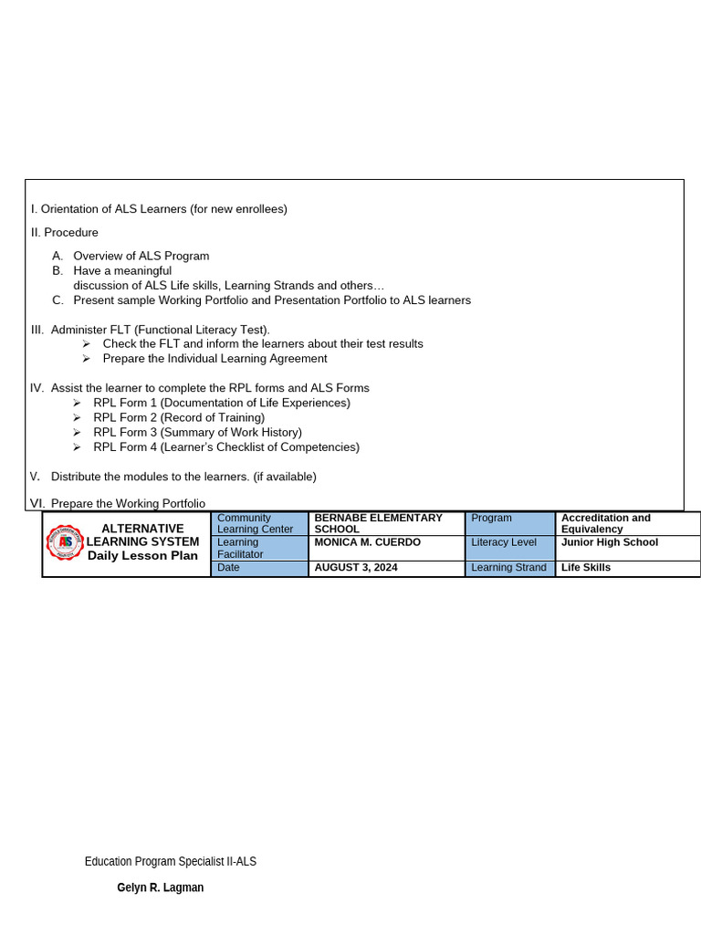 ALS Lesson Plan 1 | PDF