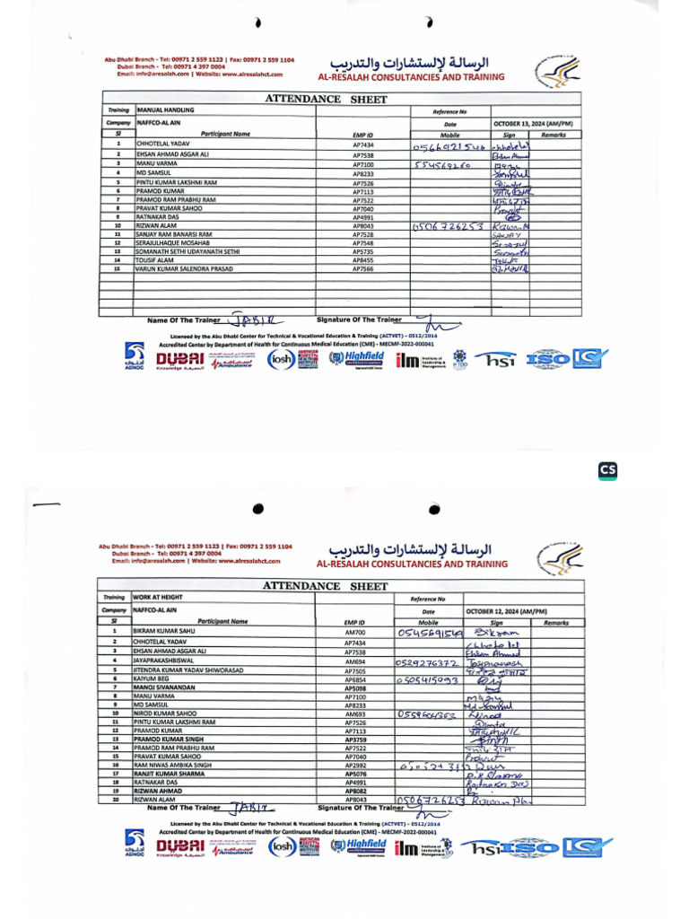 Attendance Sheet-WAH & MH | PDF