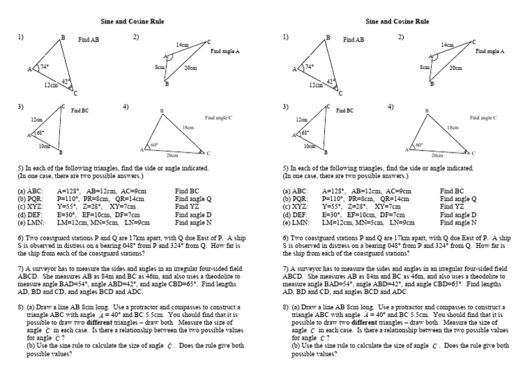 Sine and Cosine Rule Triangle Problems | PDF | Surveying | Triangle