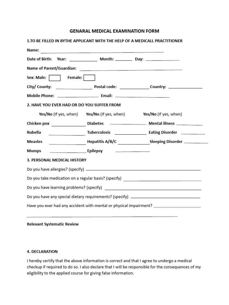 Genaral Medical Examination Form | PDF | Wellness | Lifestyle