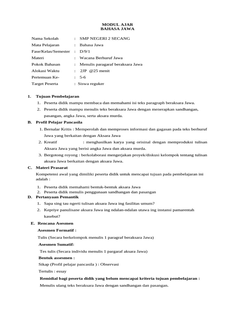 MODUL AJAR Aksara Jawa Kelas 9 | PDF