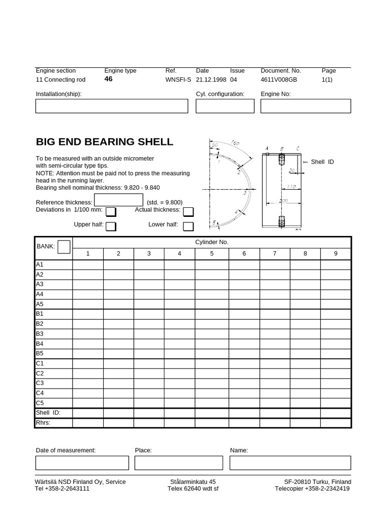 Wartsila 46 - Measurment Record - Big End Bearing Shell | PDF