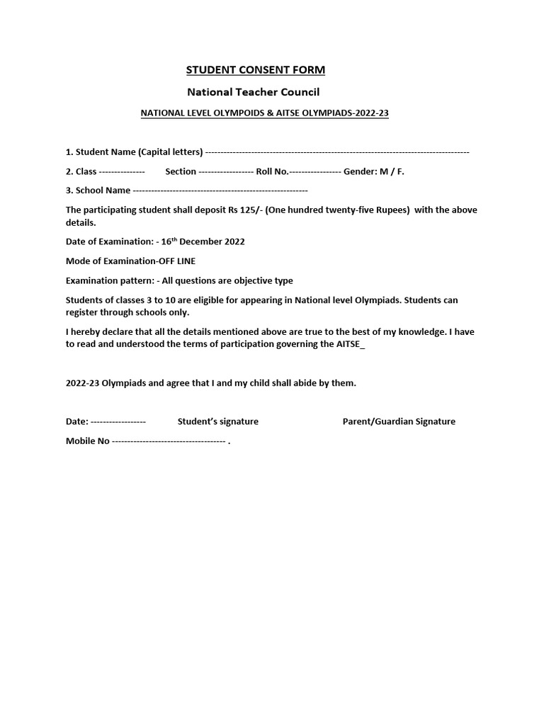 (2022-23) Olympiad STUDENT CONSENT FORM | PDF