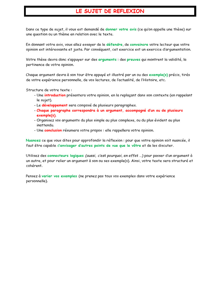 Guide de rédaction : sujet de réflexion | PDF | Argumentation