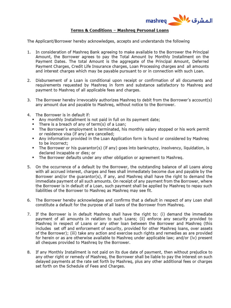 Mashreq Personal Loan Terms & Conditions | PDF | Loans | Payments