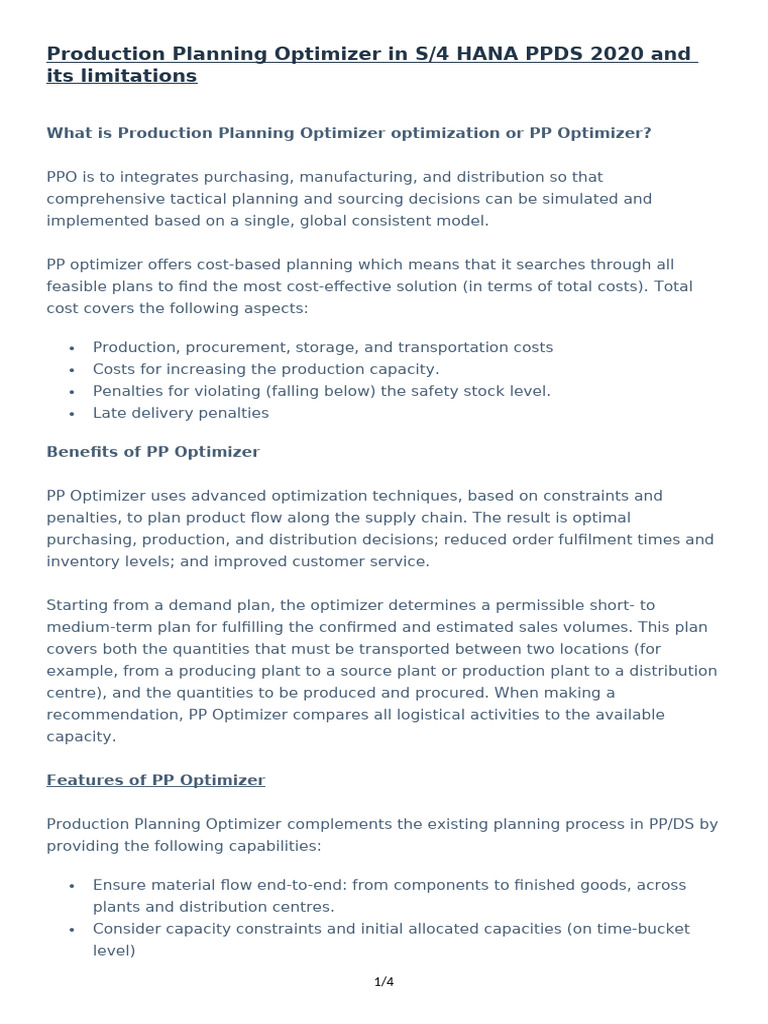 Production Planning Optimizer in S4HANA PPDS 2020 and Its Limitations | PDF | Business | Applied ...