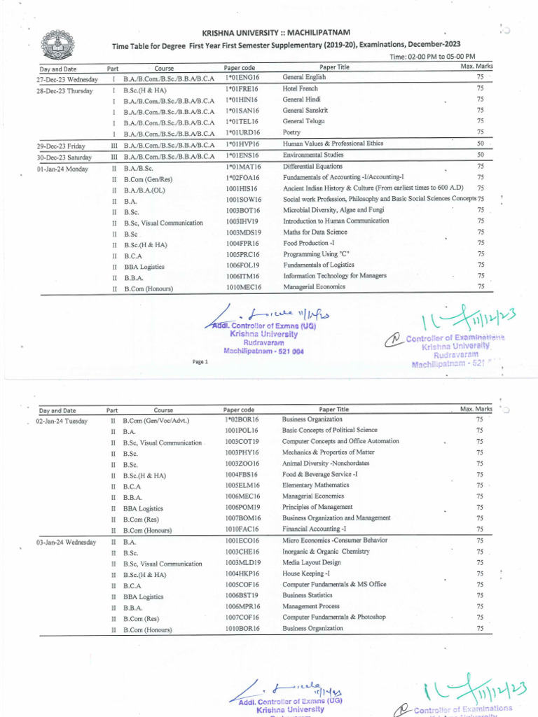 UG I Semester Supplementary 2019-20 Batch Time Table | PDF