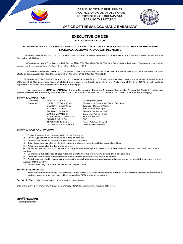 EO NO. 1-2024 BCPC | PDF | Justice | Crime & Violence