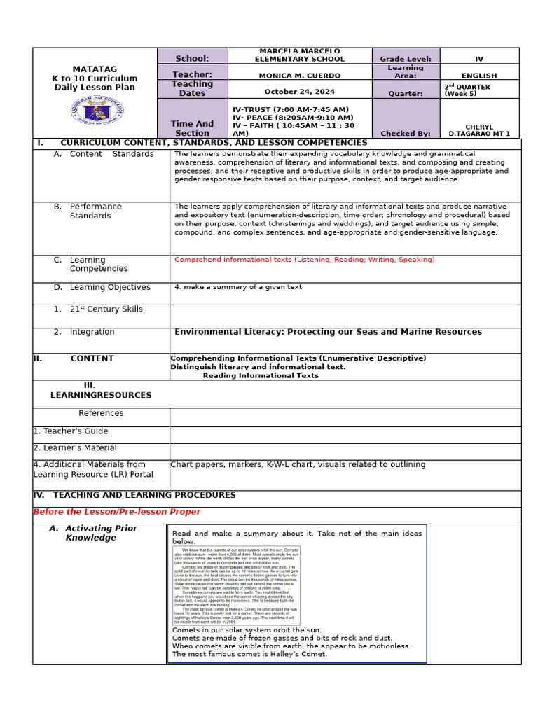 Quarter 2 English Week 5 Day 4 | PDF | Reading Comprehension | Comet
