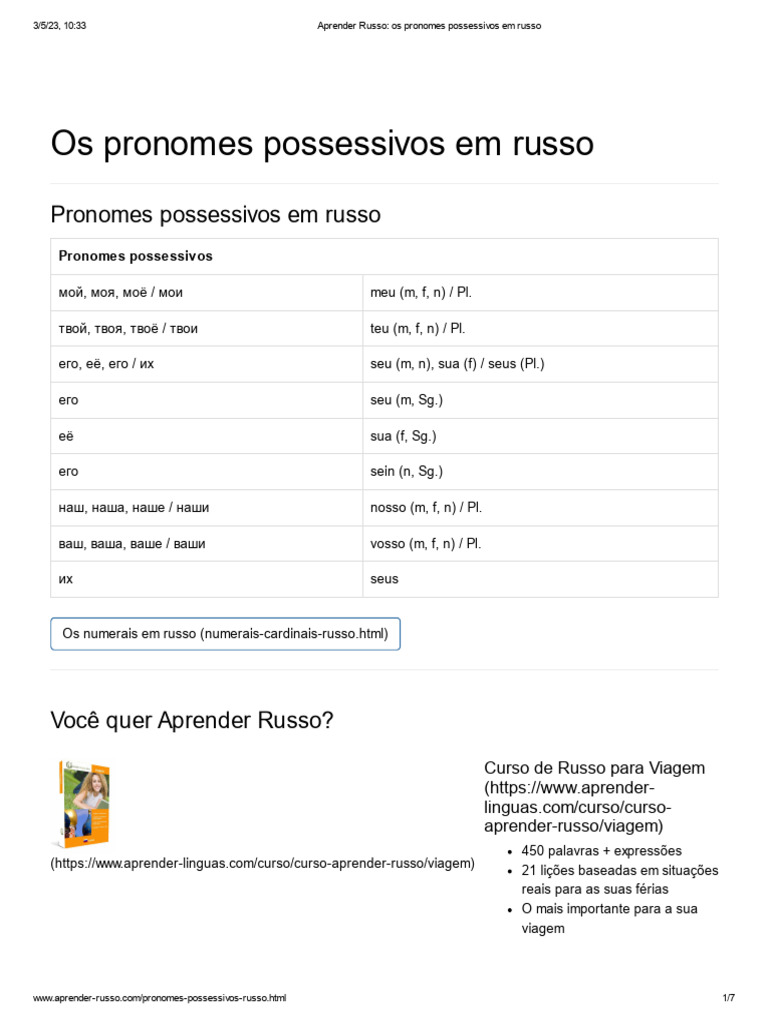 Pronomes Possessivos em Russo | PDF | Russo (idioma) | Pronome