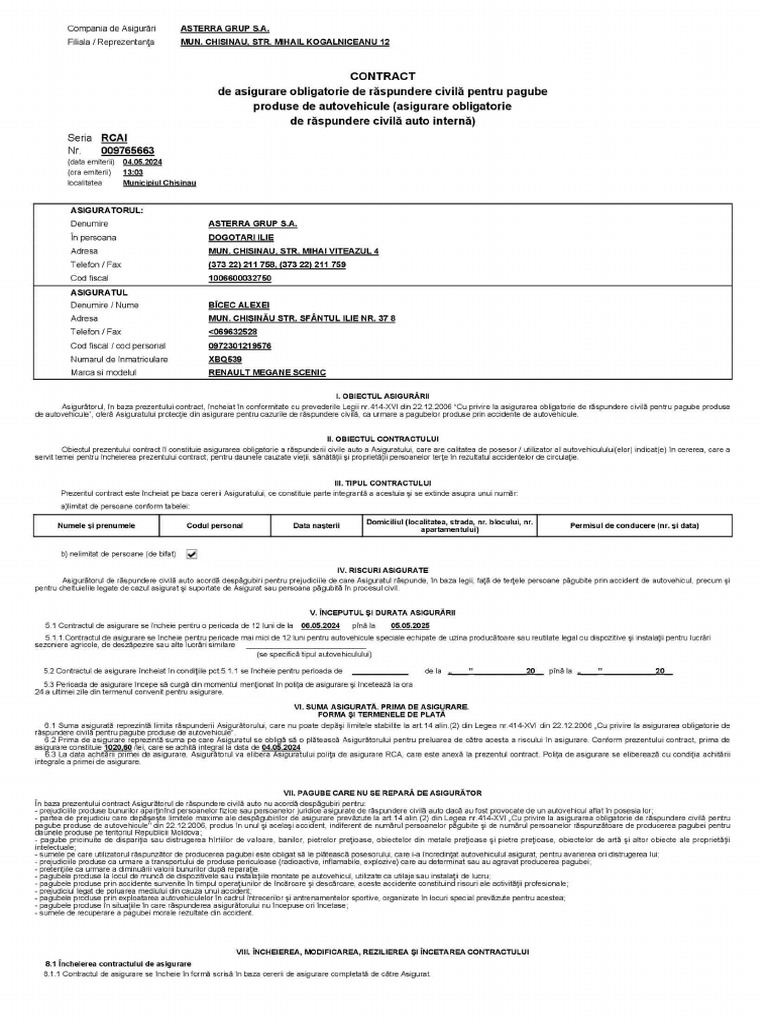 Contract Asigurari Auto - Exemplu | PDF