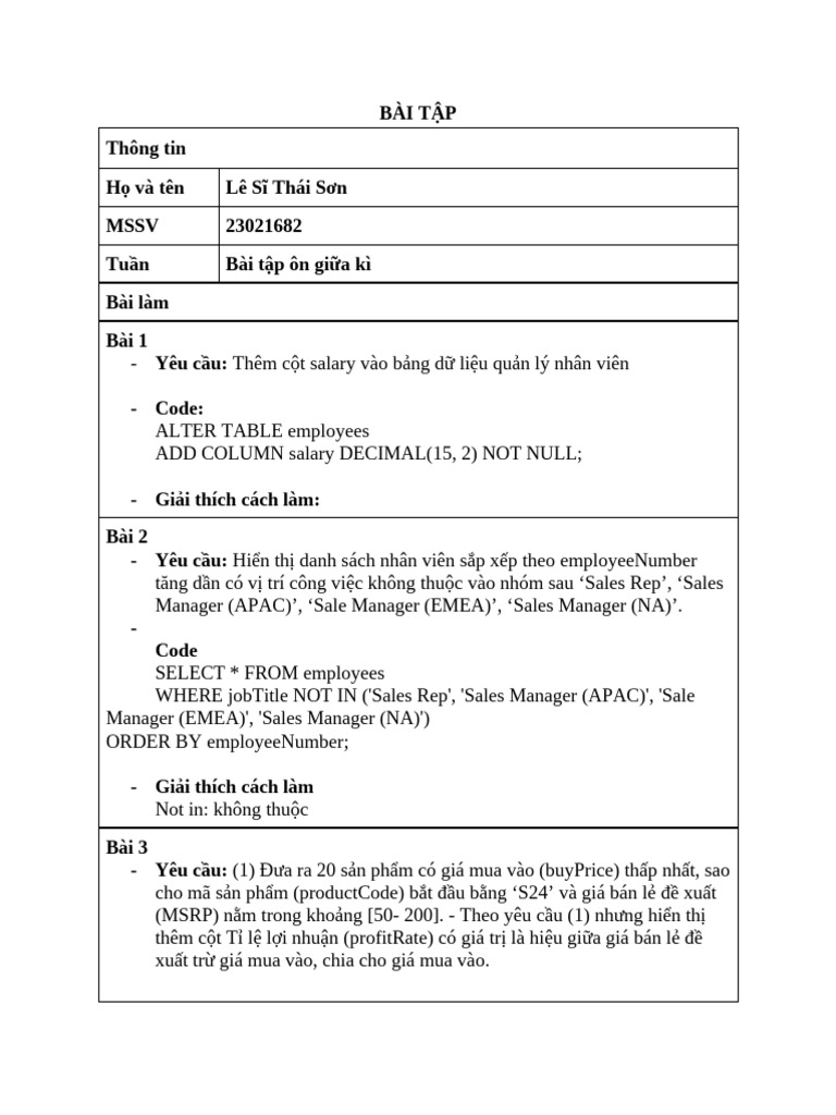 Bài Tập Thông tin Họ và tên Lê Sĩ Thái Sơn Mssv 23021682 Tuần Bài tập ...