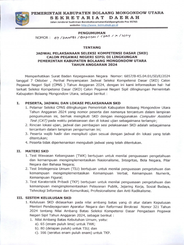 Pengumuman Jadwal Pelaksanaan Seleksi Kompetensi Dasar (SKD) Calon Pegawai Negeri Sipil Di ...