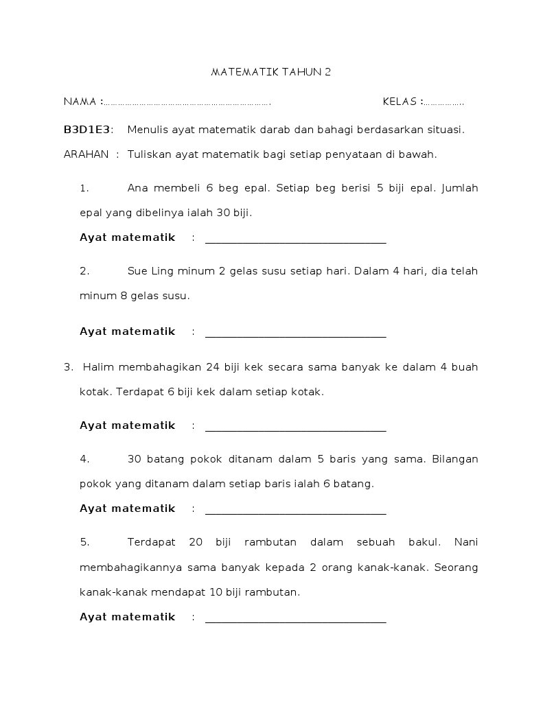 Evidens PBS Matematik Tahun 2 B3D1E3 Ayat Math Darab | PDF