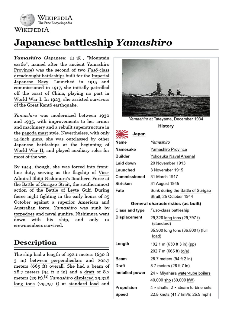 Japanese Battleship Yamashiro - Wikipedia | PDF | Watercraft | Naval Ships