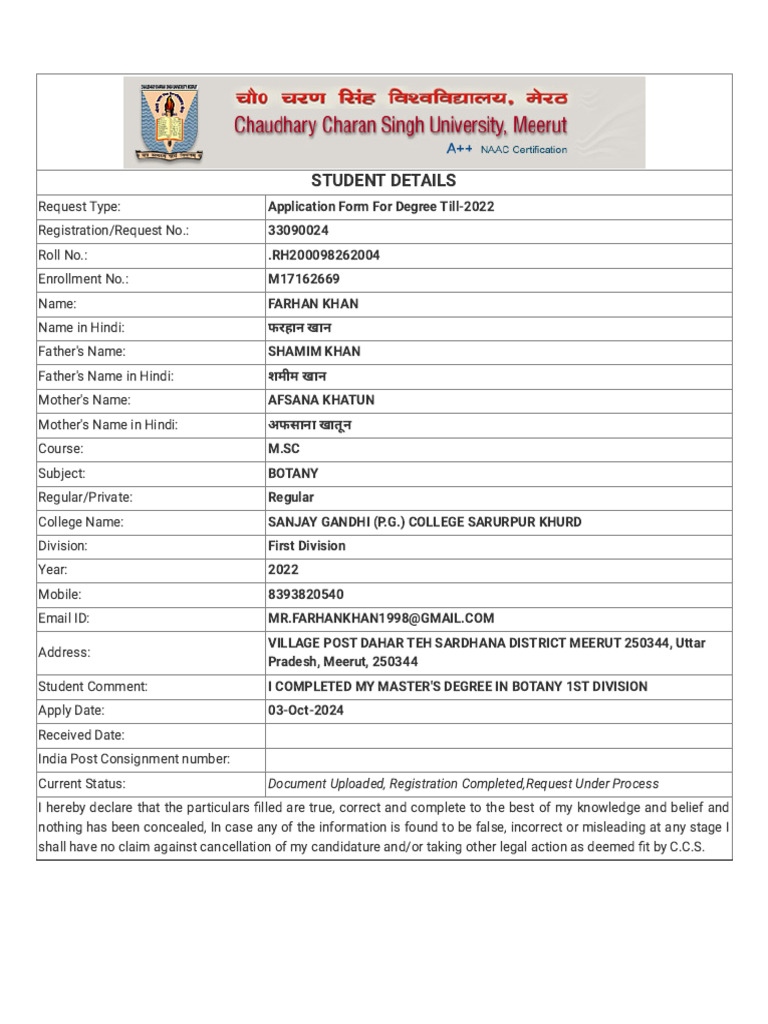 Master's degree Registration Form | PDF