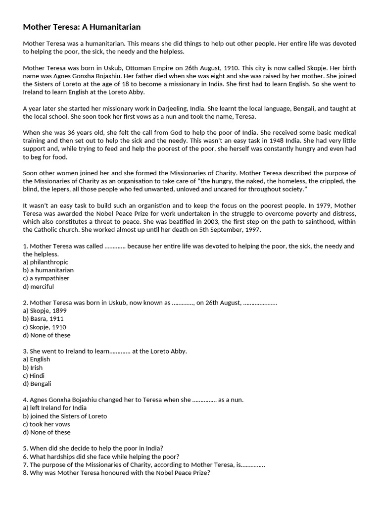 Cbse Comprehension 2 | PDF | Mother Teresa | Religious Organizations