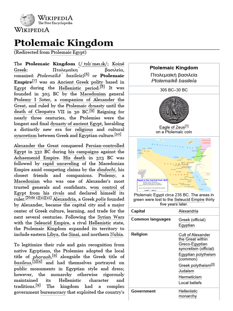 Ptolemaic Kingdom - Wikipedia | PDF | Ptolemaic Kingdom | Cleopatra