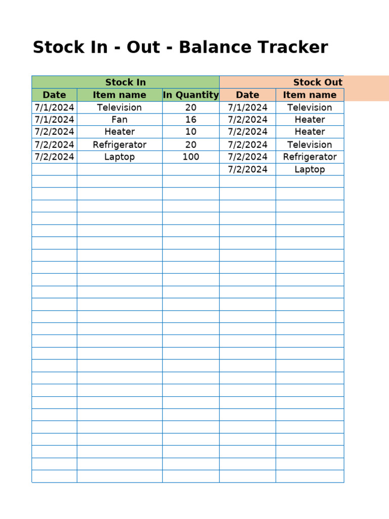 Stock in Out Balance Tracker in Excel | PDF