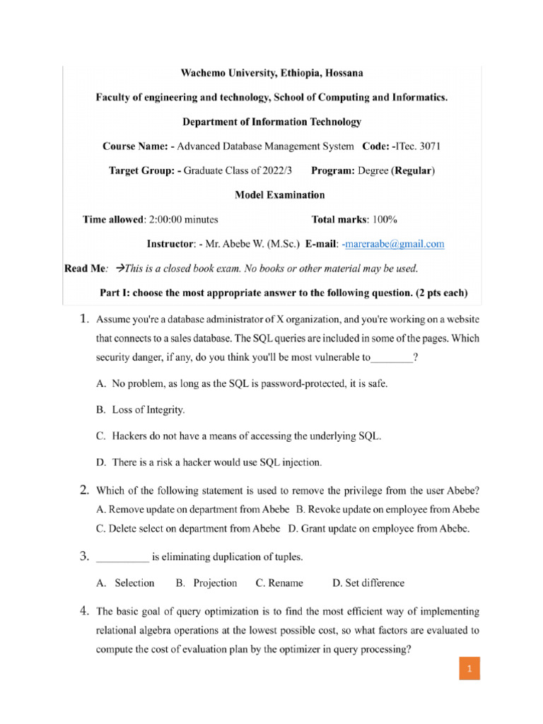 Advanced Database MCQ Worksheet For Exit Exam 2015@ | PDF
