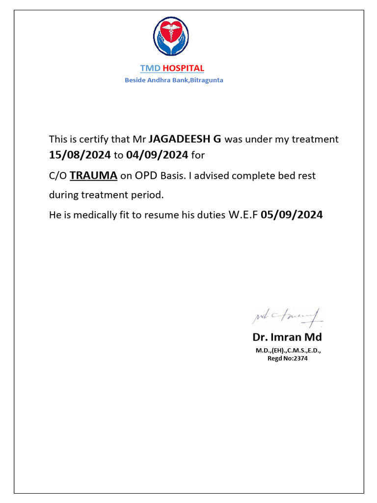 Jagadeesh G 15/08/2024 04/09/2024 Trauma | PDF
