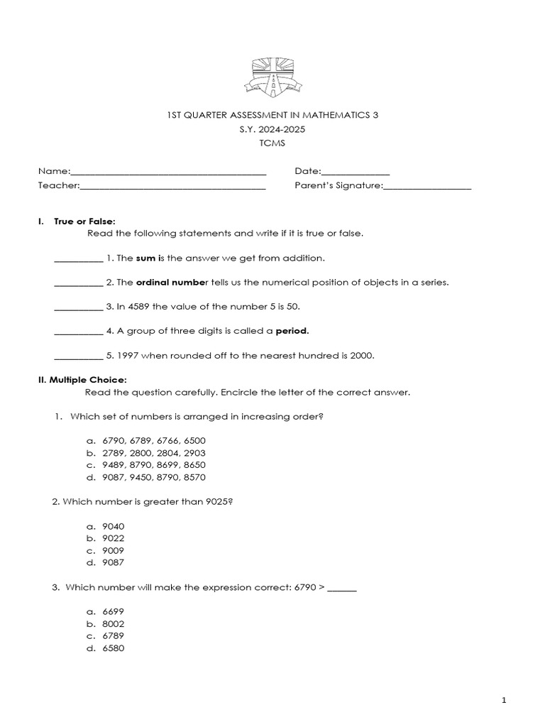 1st Quarter Assessment - Math 3 | PDF