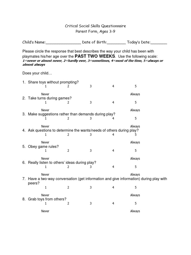 Critical Social Skills Questionnaire for Kids | PDF | Social Psychology ...
