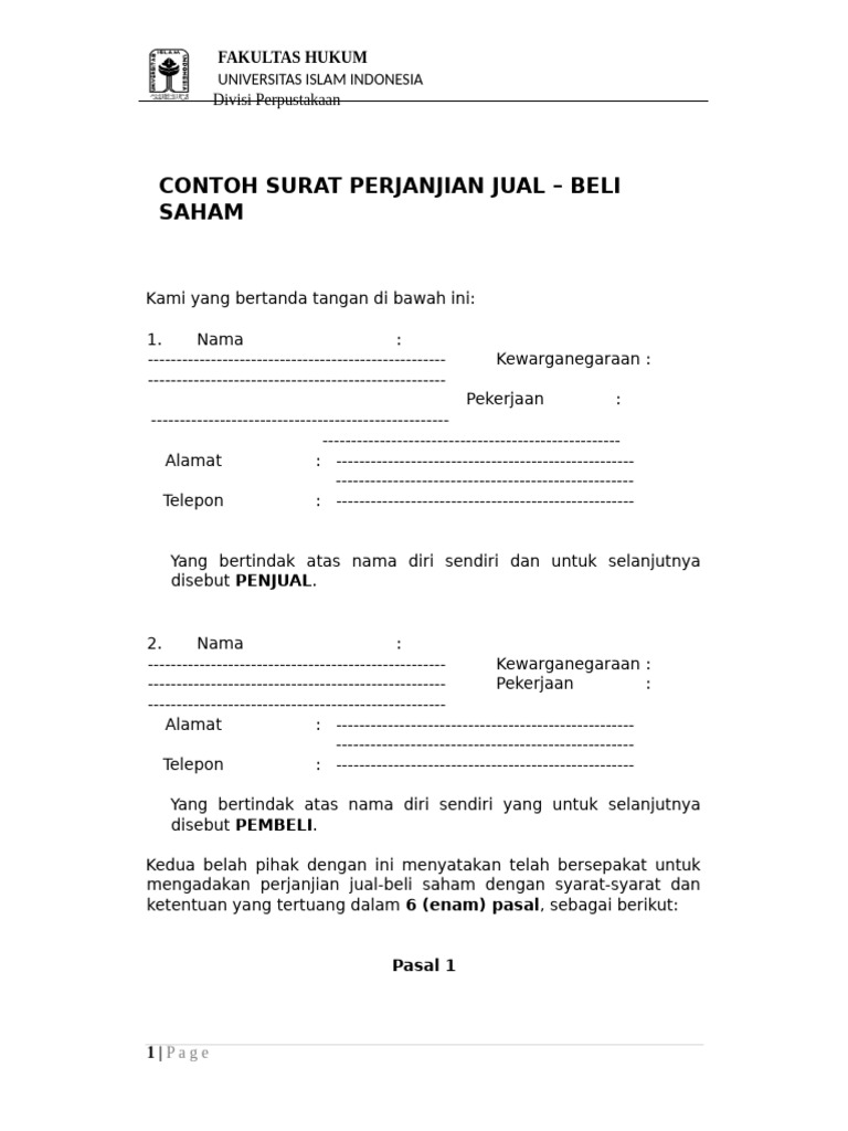 Contoh Surat Perjanjian Jual Beli Saham | PDF