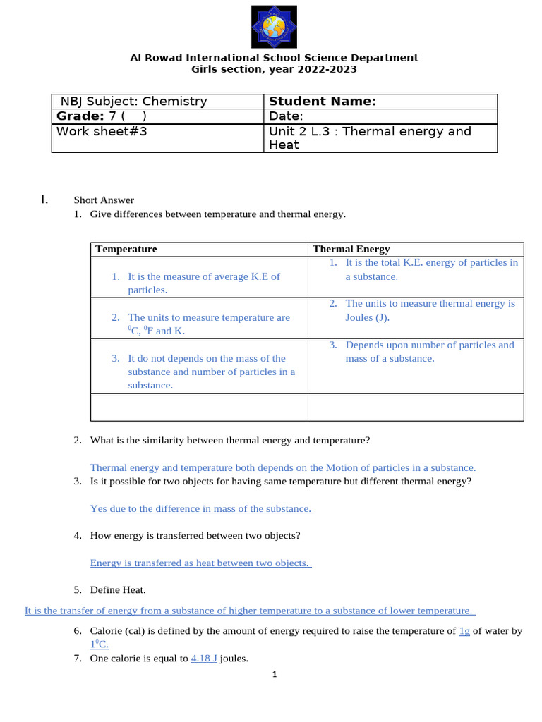 Grade 7 Chemistry Worksheet 3 Answer Key | PDF | Calorie | Heat