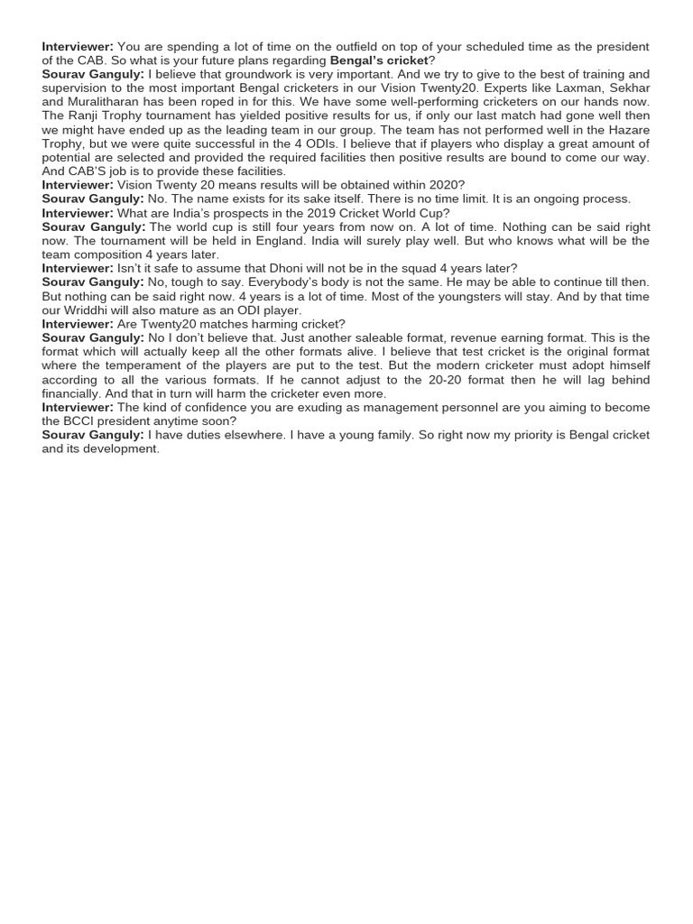 Interviewof Sourav Ganguly | PDF | Summer Sports | Cricket