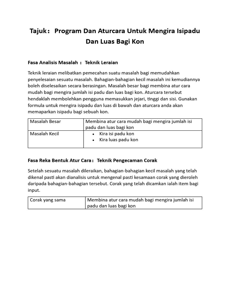 Program Dan Aturcara Untuk Mengira Isipadu Dan Luas Bagi Kon | PDF