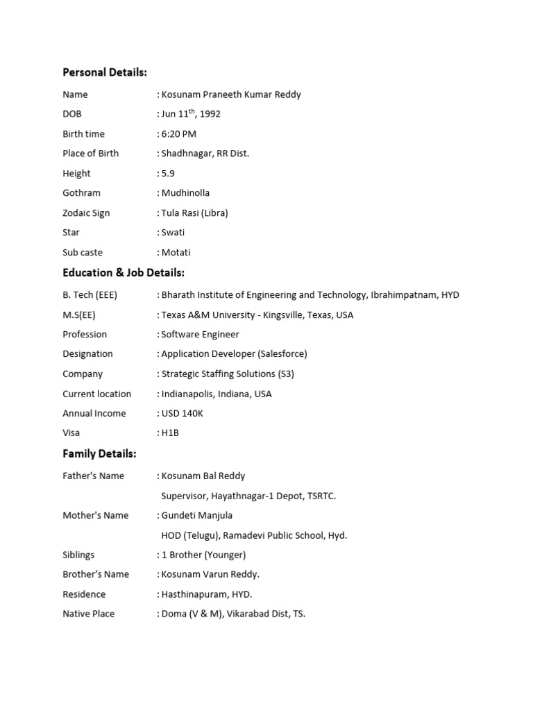 Praneeth Personal Details | PDF