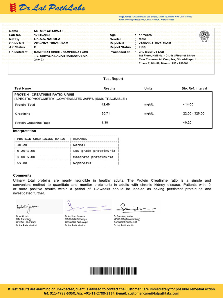 Urine Protein-Creatinine Ratio Report | PDF | Medicine | Clinical Medicine
