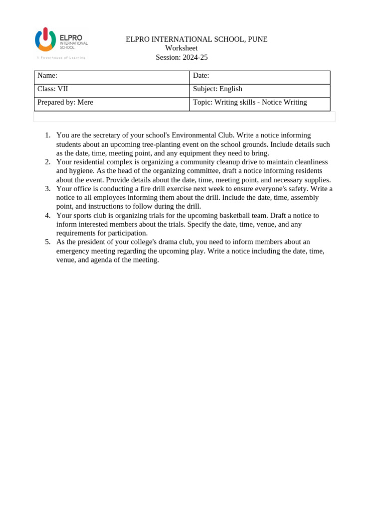 Notice Writing Topics for Class 7 | PDF