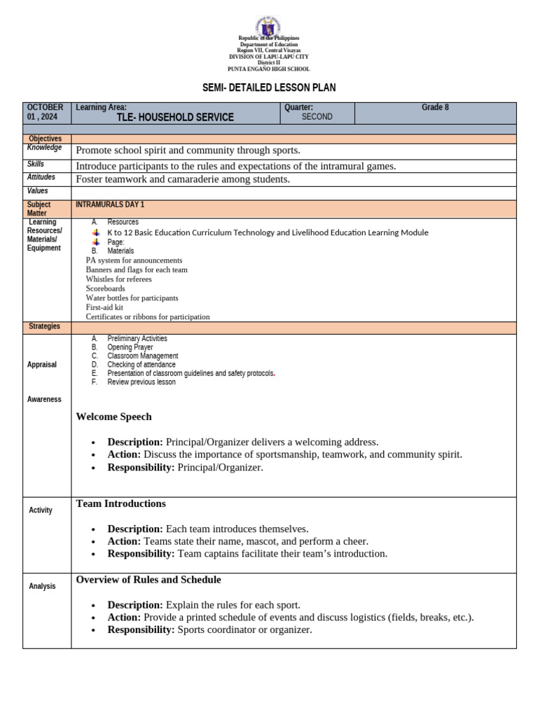 Tle Lesson Plan September | PDF | Lesson Plan | Behavior Modification