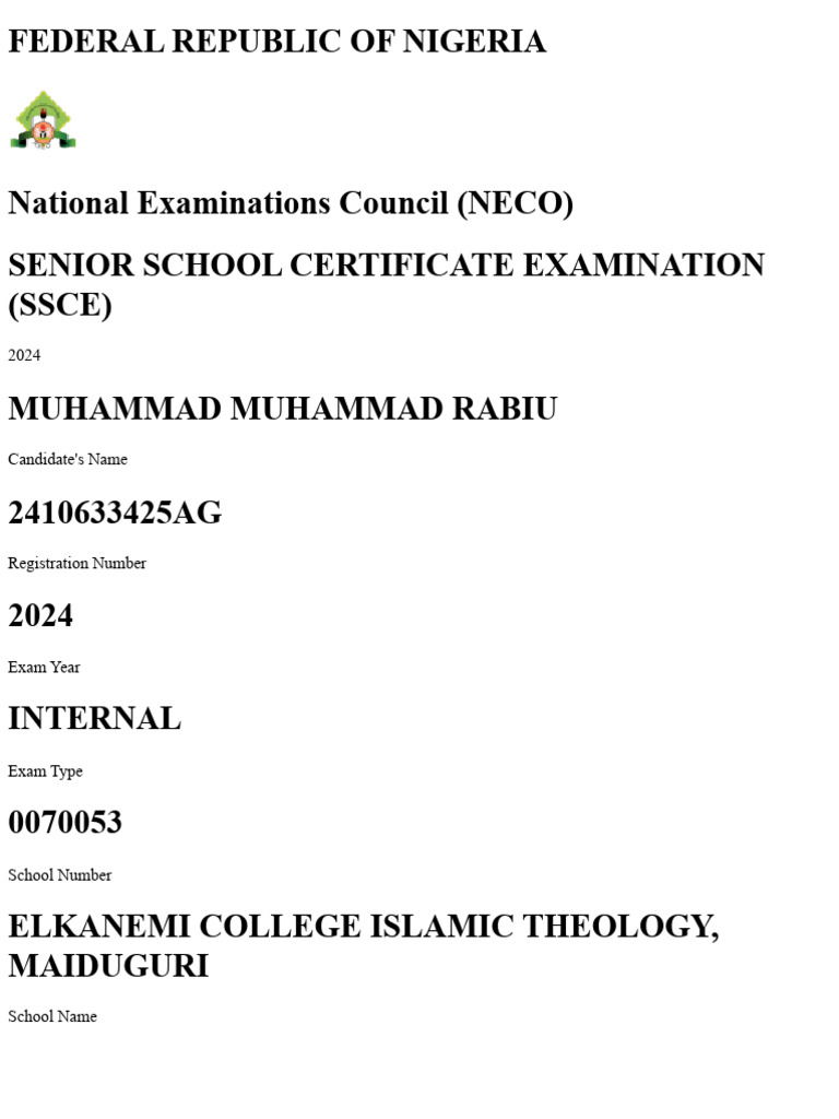Muhammad Rabiu Muhammad Neco Result | PDF
