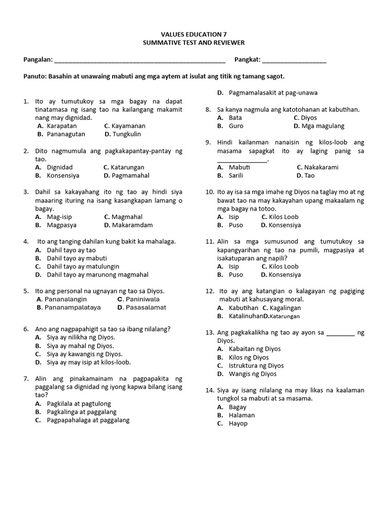 Values Ed Summative Test | PDF