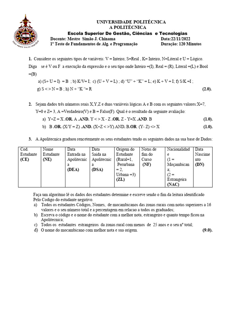 1º Teste de Fundamentos de Alg. e Programação - 22!11!2022 - B | PDF ...
