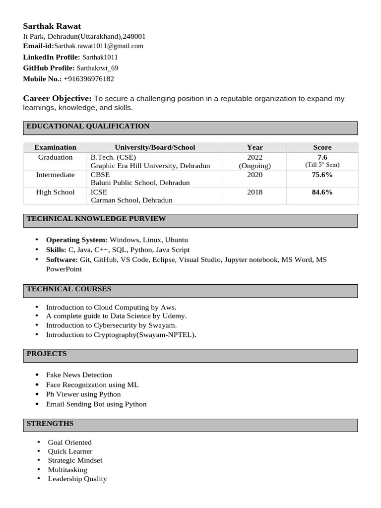 Sarthak Resume | PDF