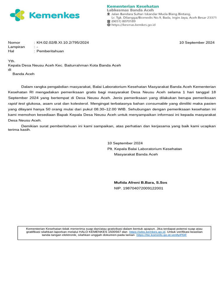 Surat Pemberitahuan Desa Neusu Aceh | PDF