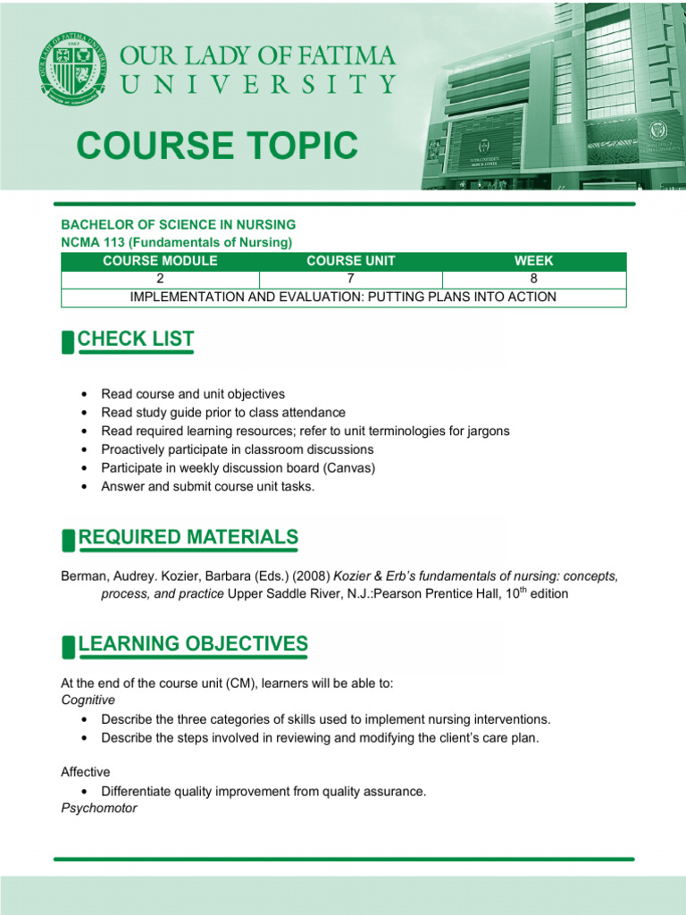 FU-M2-CU7 LEC Implementation and Evaluation - Putting Plans Into Actions | PDF | Nursing ...